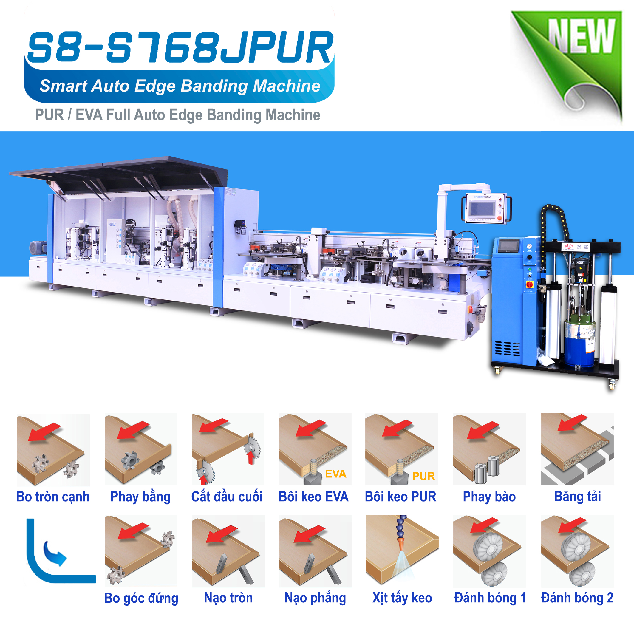 Máy dán cạnh tự động 13 chức năng có 2 nồi keo PUR + EVA (12 chức năng dán sửa cạnh nẹp + 1 chức ...